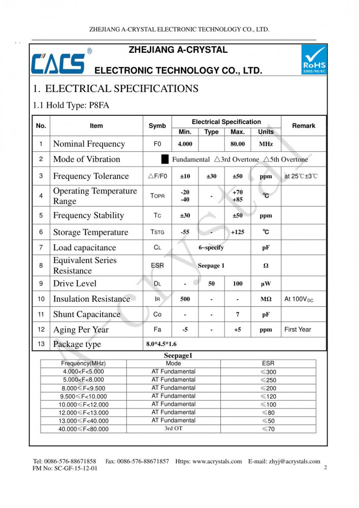 P8FA specification document, page 2