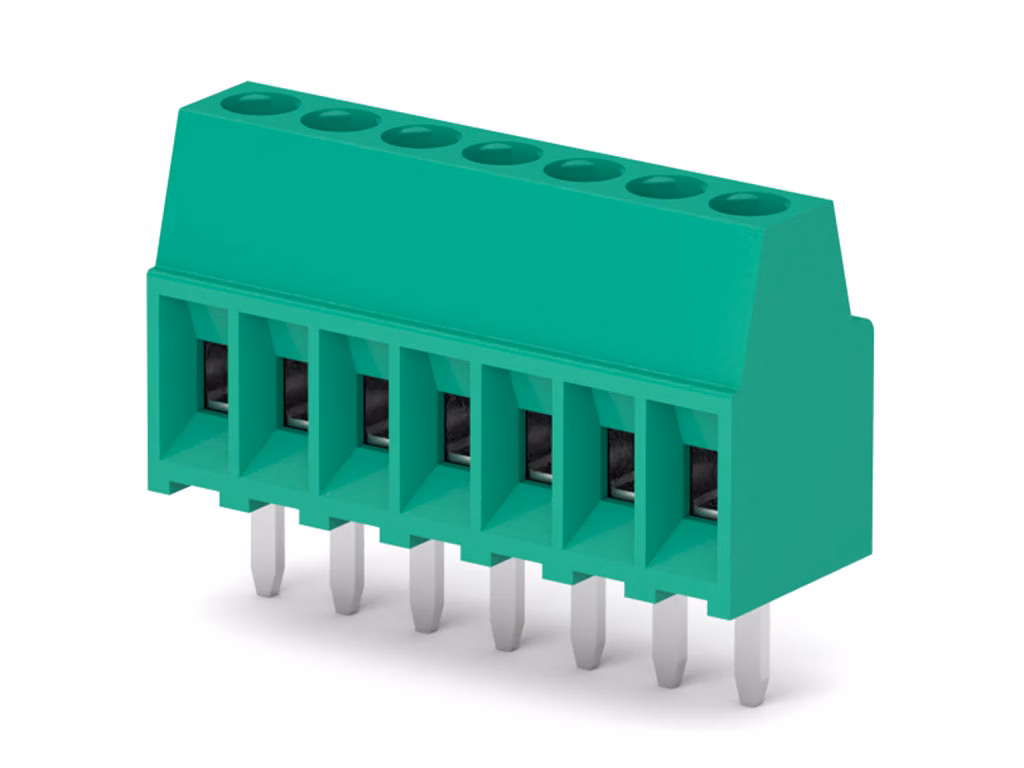 5.00mm Pitch Eurostyle 45° Angle PCB Header, Open Ends, 3 Circuits, Green