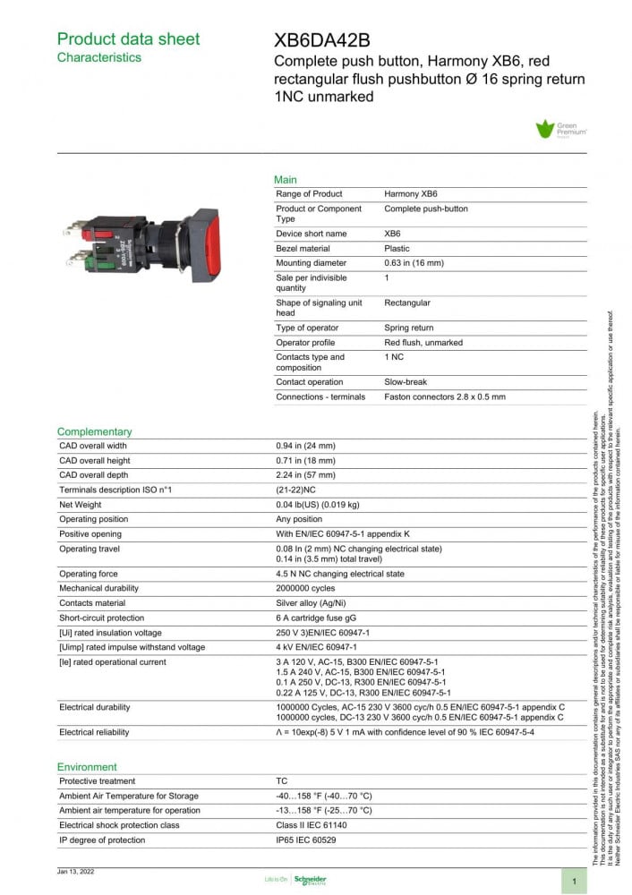 XB6DA42B technical document page 1