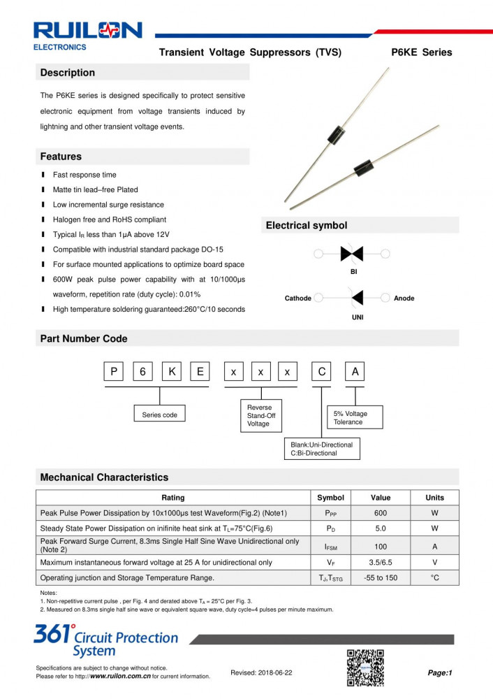 P6KE150CA datasheet page 1