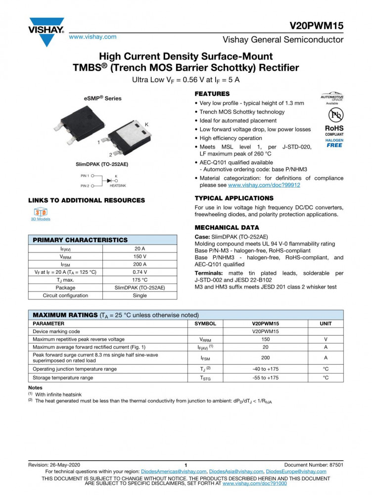 V20PWM15 datasheet page 1