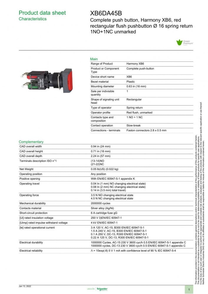 XB6DA45B technical document page 1