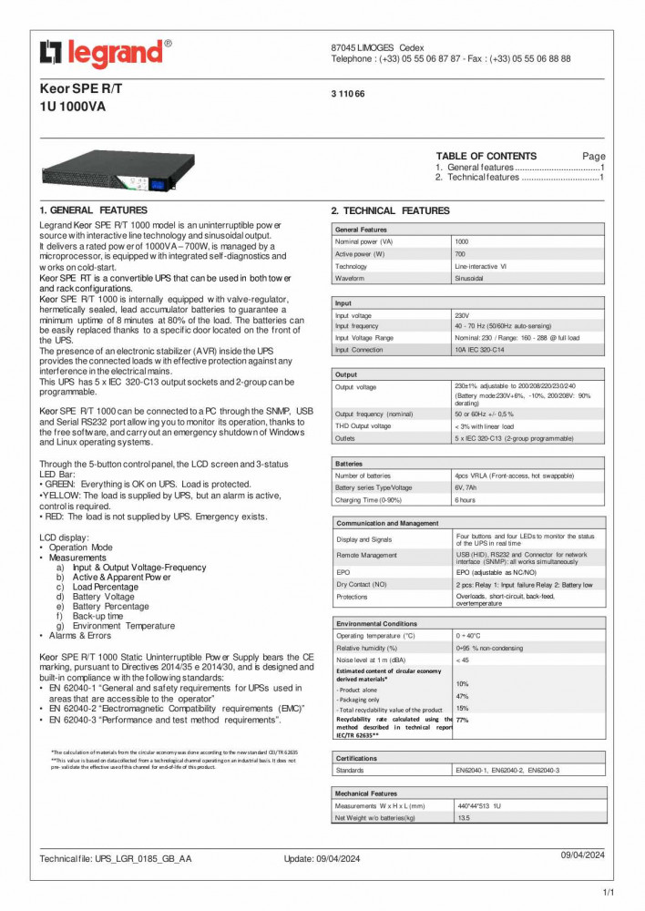 Legrand Keor SPE R/T 1U 1000VA product document page