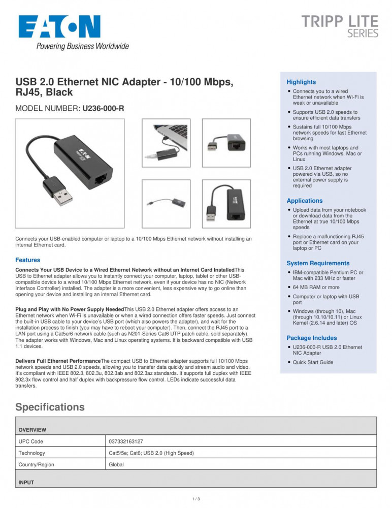 U236-000-R product documentation, page 1