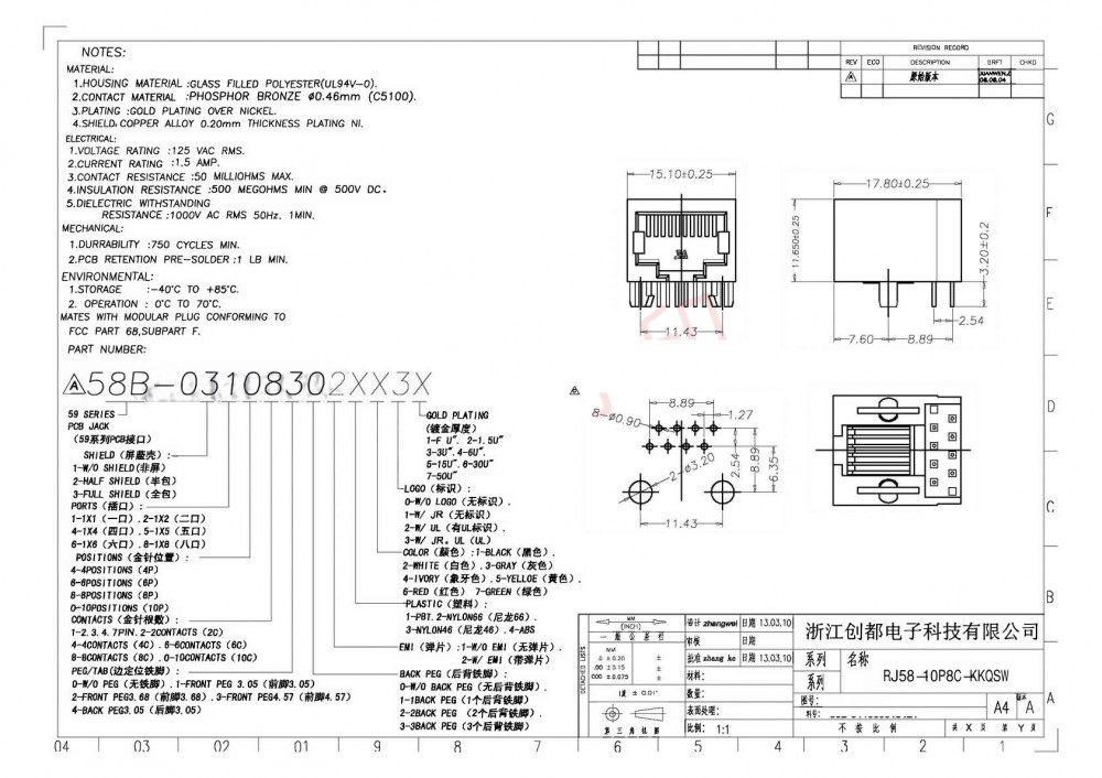 CAX RJ58-10P8C-KKQSW technical drawing preview