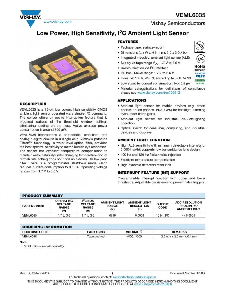 VEML6035 datasheet page 1