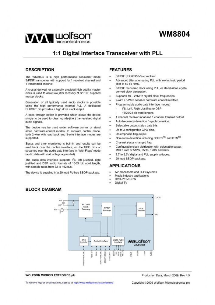 WM8804 datasheet page 1