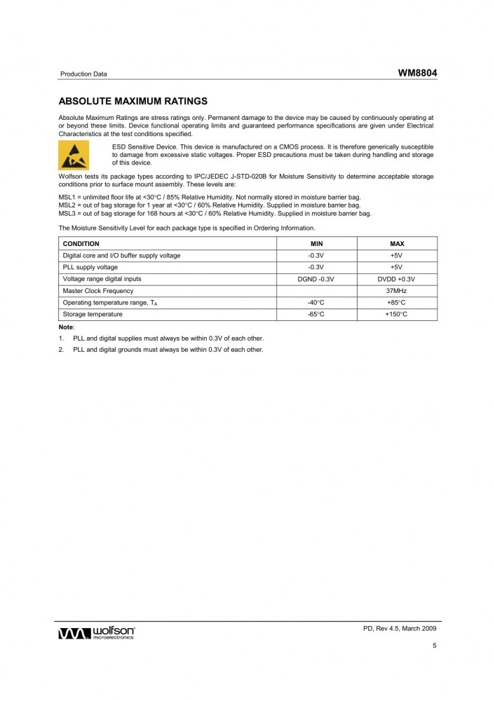 WM8804 datasheet page 5