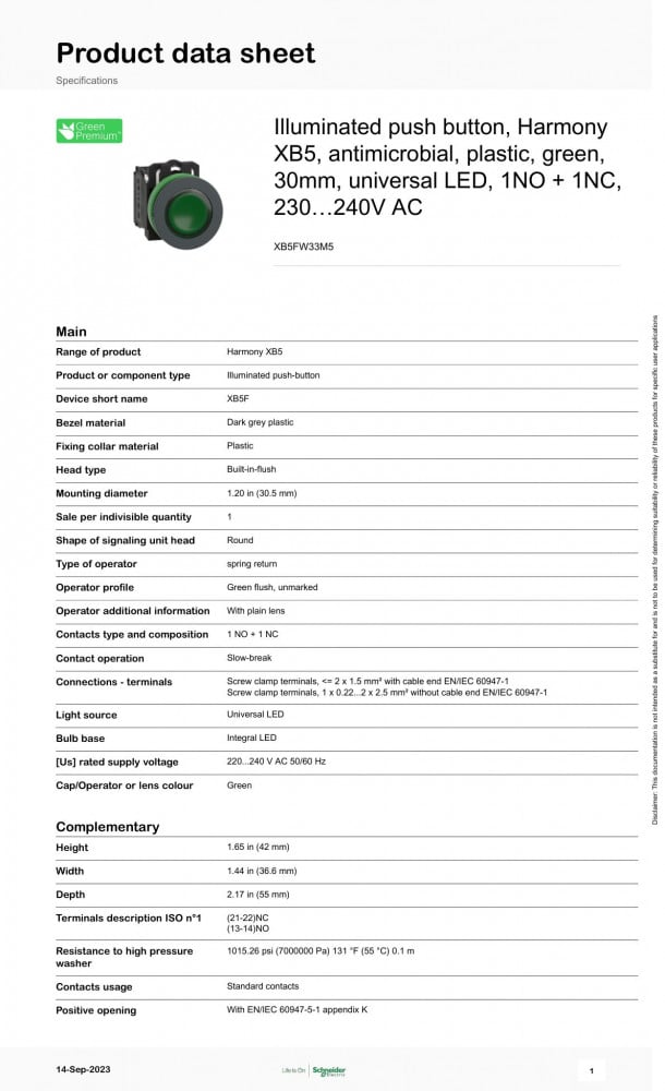 XB5FW33M5 technical document page 1