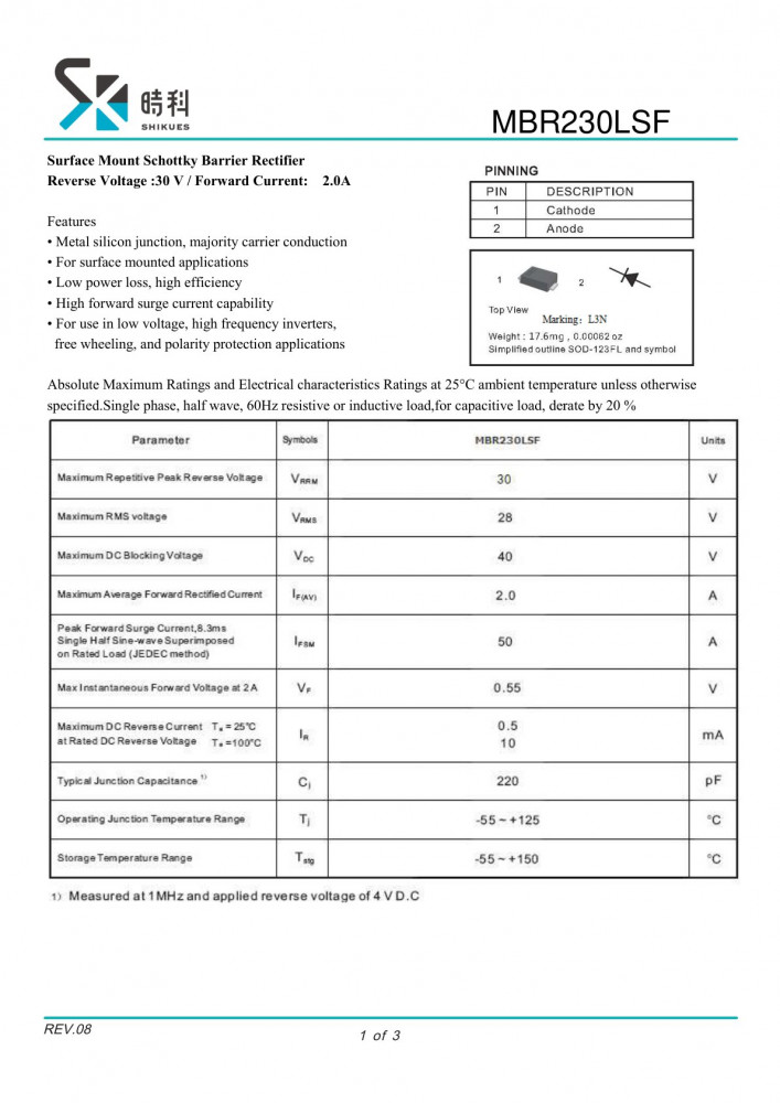 MBR230LSF technical document page 1