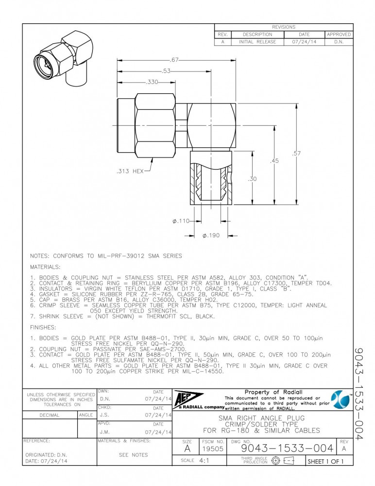 Radiall 9043-1533-004 SMA right-angle plug drawing page