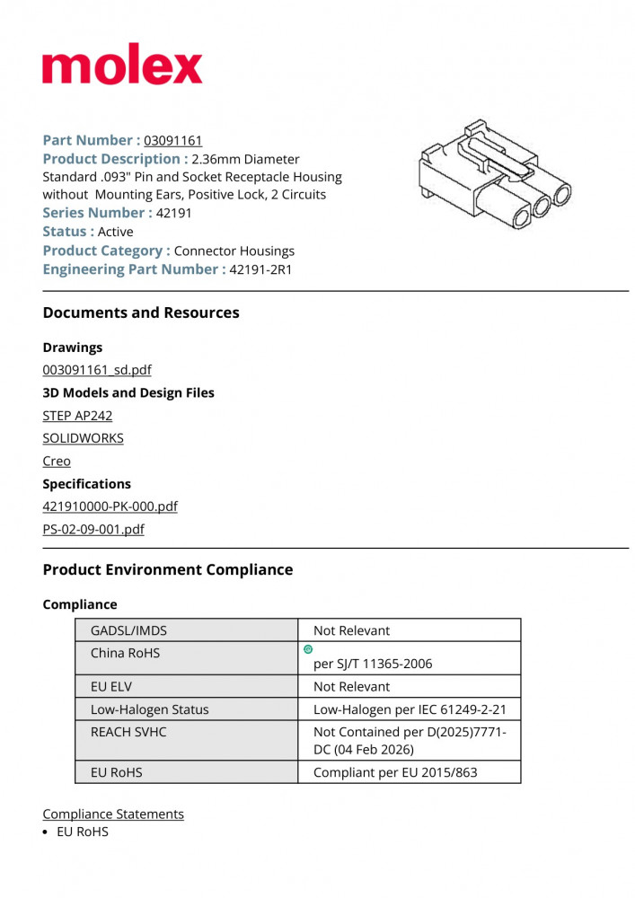 Molex .093 standard pin terminals specification, page 1