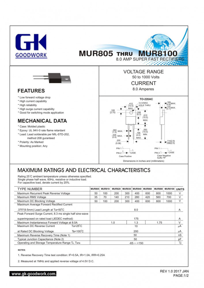 GOODWORK MUR820 datasheet page 1