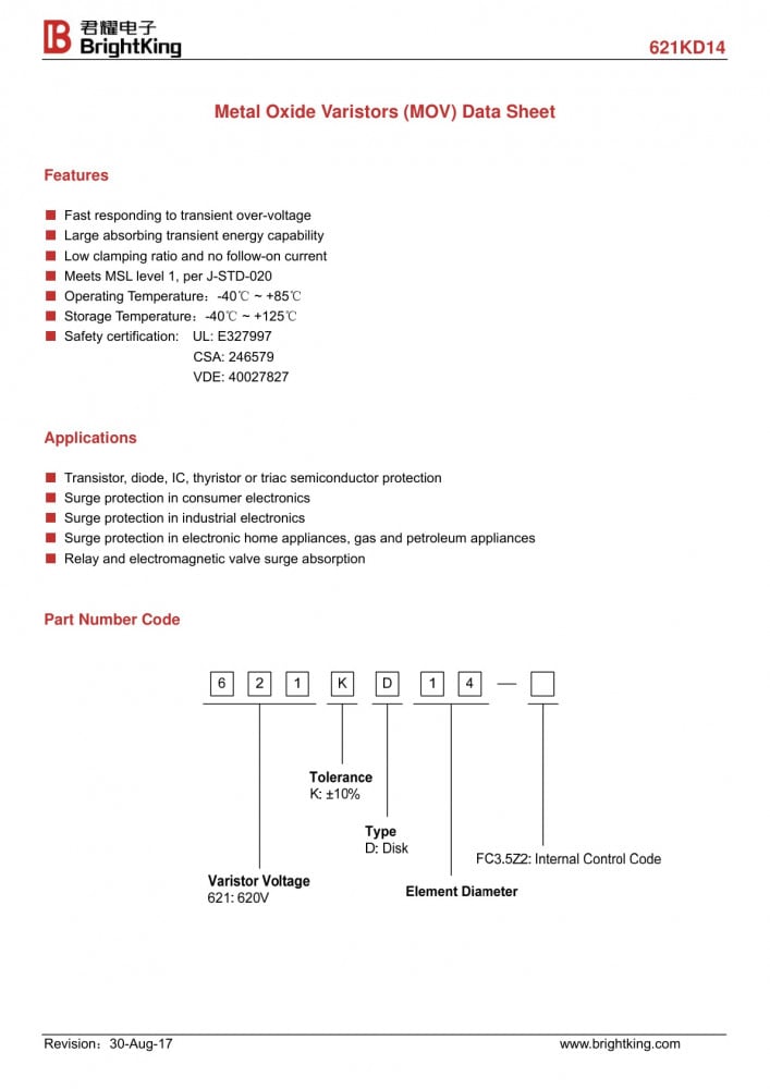Brightking MOV datasheet page 1