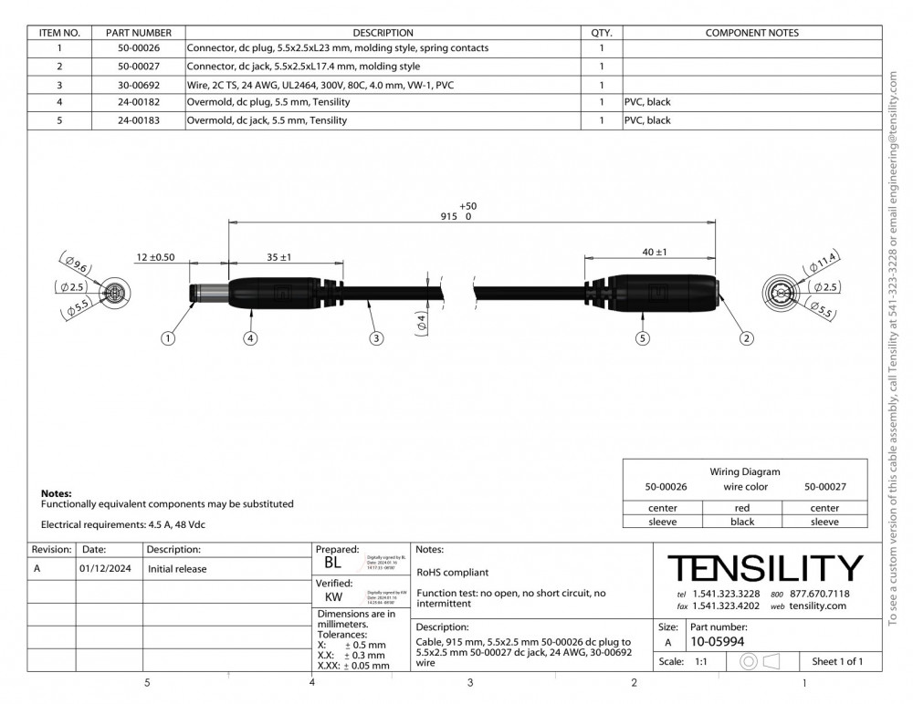 Tensility International drawing for cable assembly 10-05994