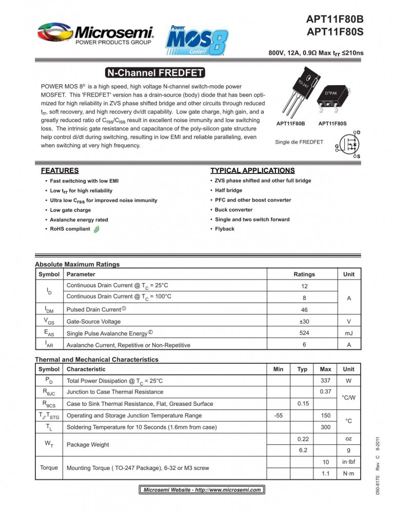 APT11F80B technical document page 1