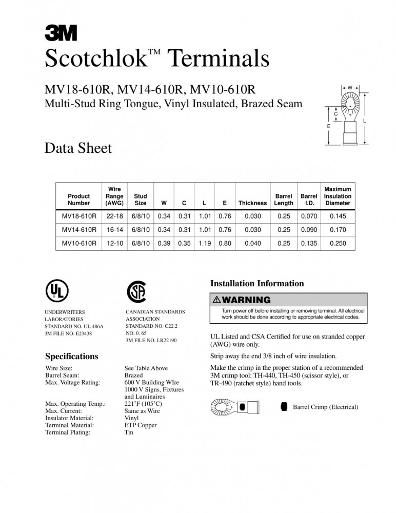 3M MV18-610RK Scotchlok terminal datasheet page one