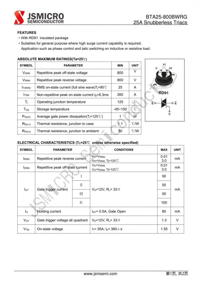 BTA25-800BWRG-JSM technical datasheet page 1