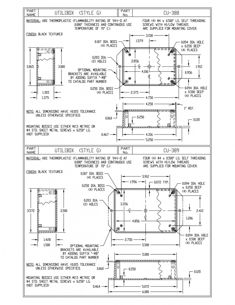 Bud Industries Utilibox Style G product drawing for the CU-389 family