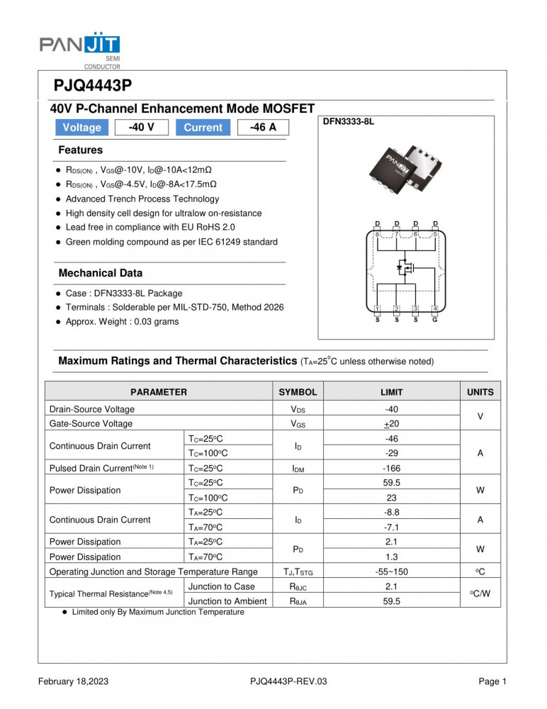 PJQ4443P datasheet page 1