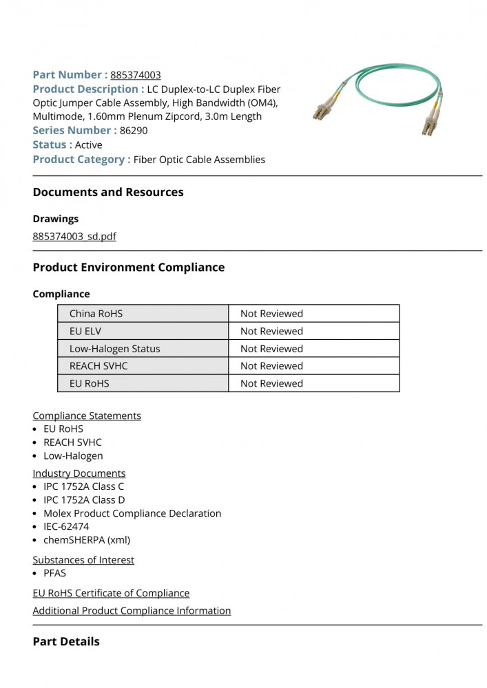 MOLEX 885374003 product drawing, page 1