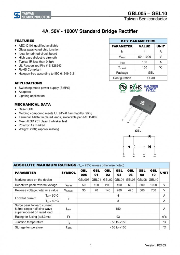GBL005 datasheet page 1