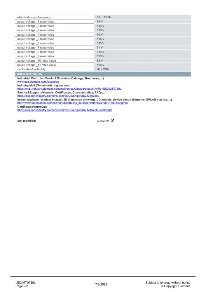 SIEMENS MT0750L datasheet page 2