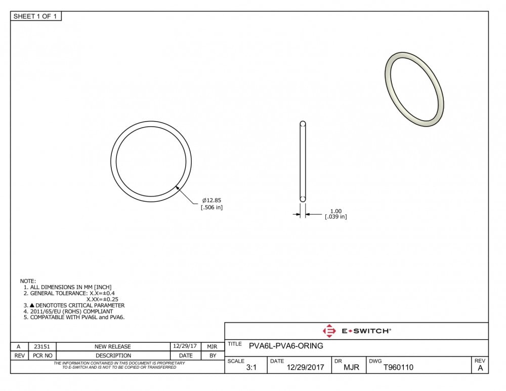 E-Switch PVA6L-PVA6-ORING technical drawing