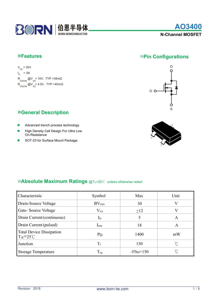 AO3400 datasheet page 1