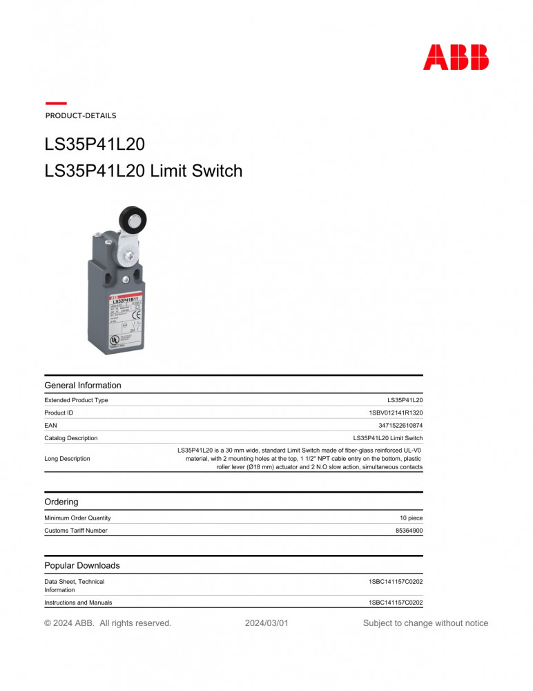 ABB LS35P41L20 technical document page 1