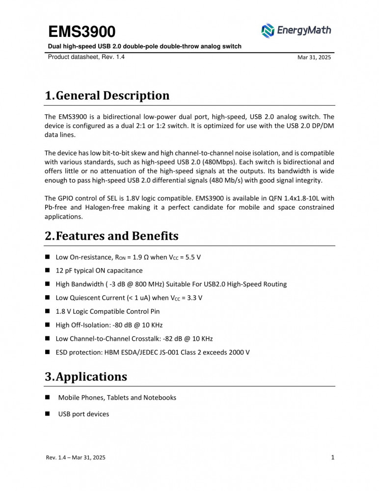 EMS3900RSW datasheet page 1