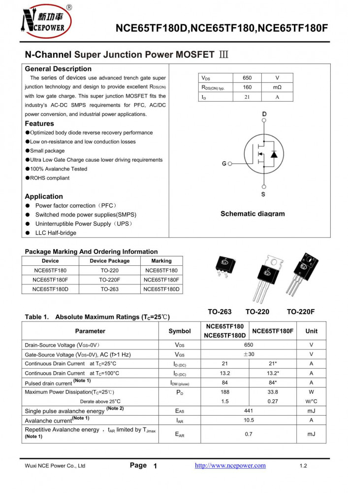 NCE65TF180 datasheet page 1
