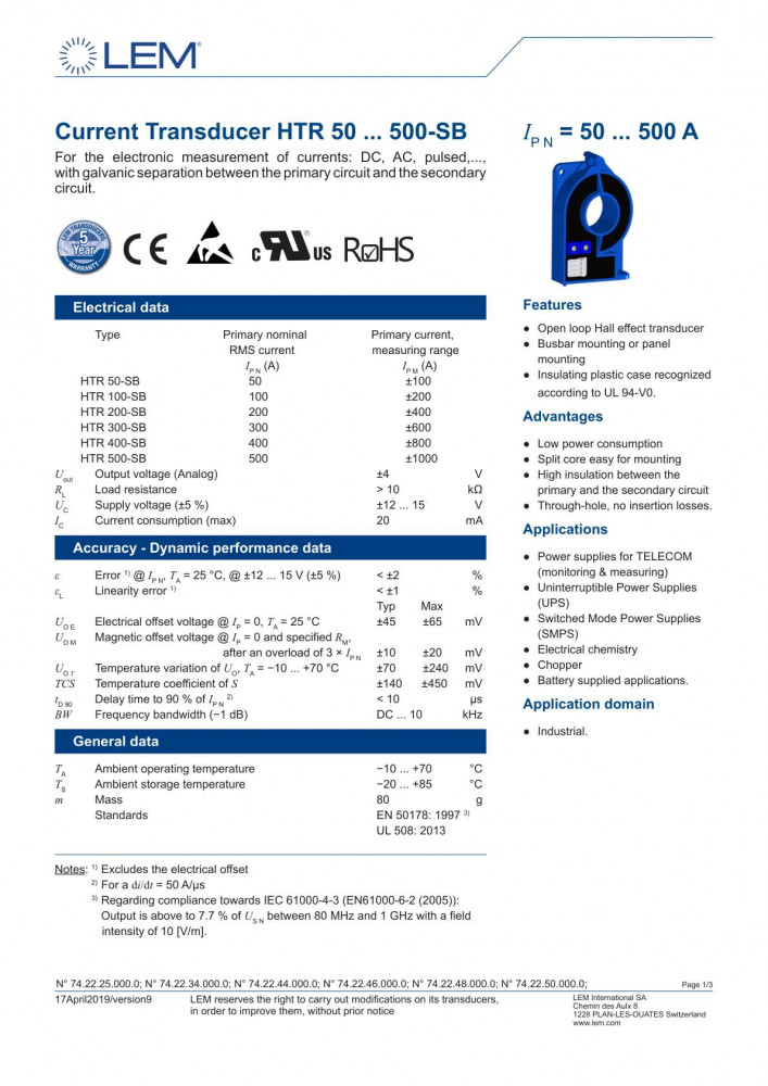 HTR 500-SB datasheet page 1