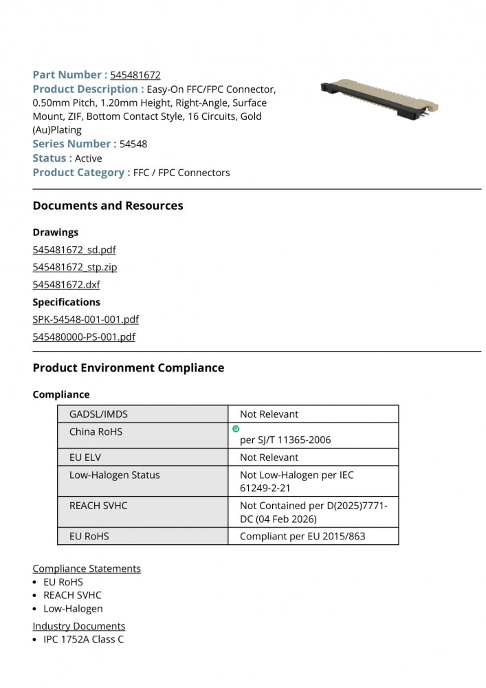MOLEX 545481672 technical document image, page 1