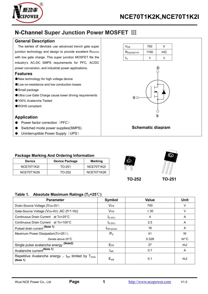 NCE70T1K2K datasheet page 1