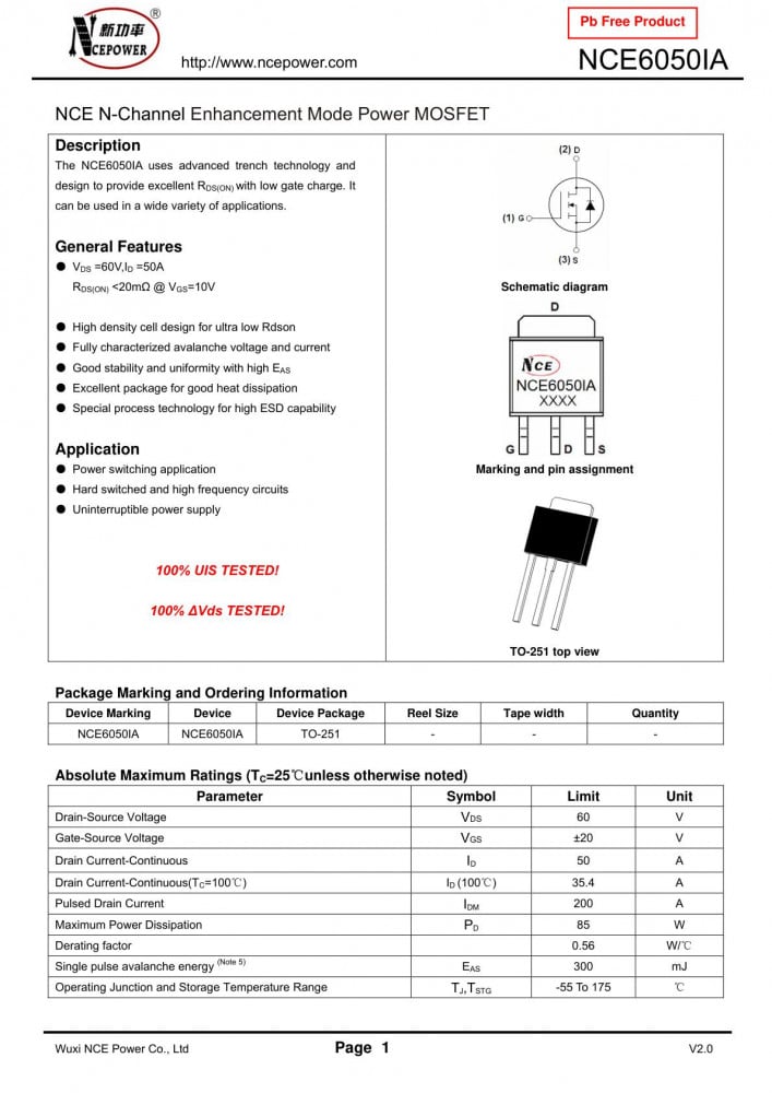 NCE6050IA datasheet page 1