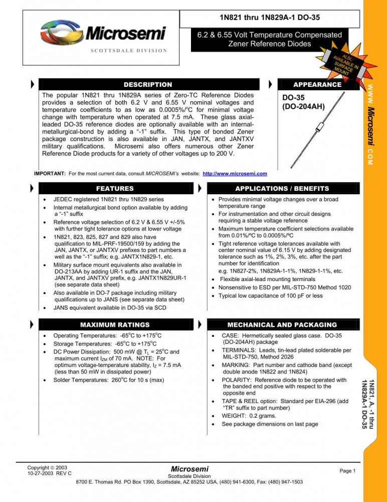 1N825A datasheet page 1