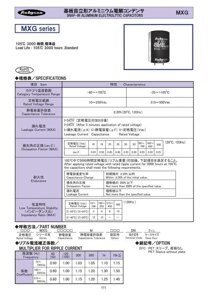 Rubycon MXG datasheet page 1