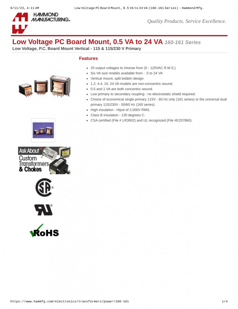 Hammond 160-161 series product documentation page 1