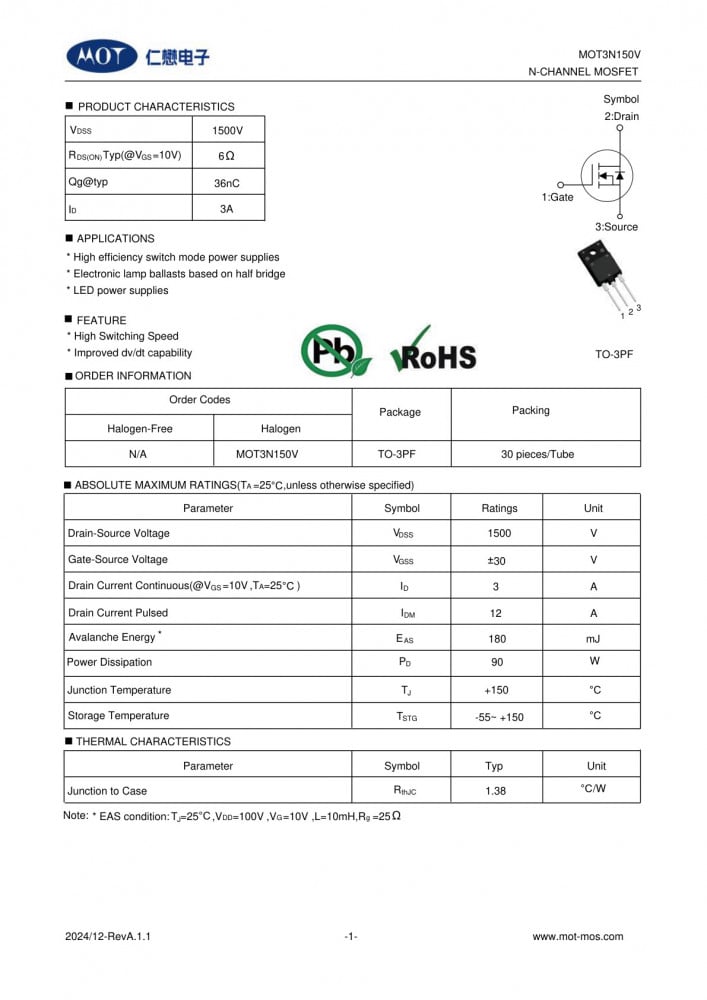 MOT3N150V datasheet page 1