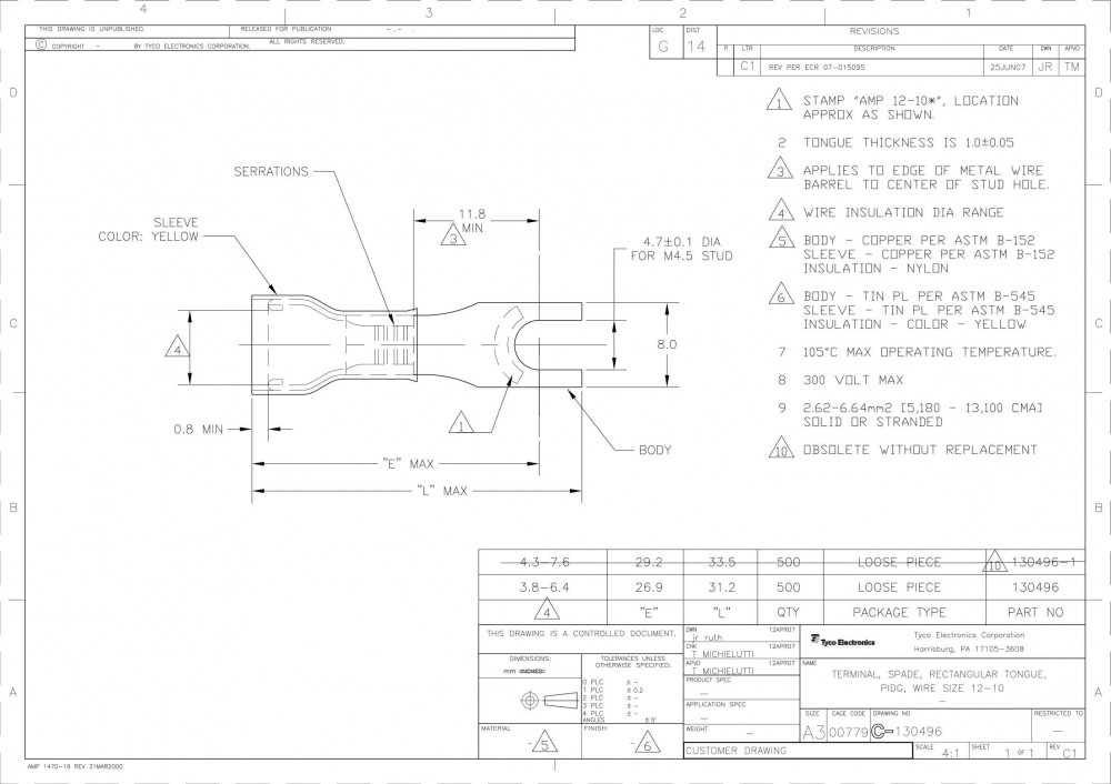 TE Connectivity 130496 technical drawing page preview