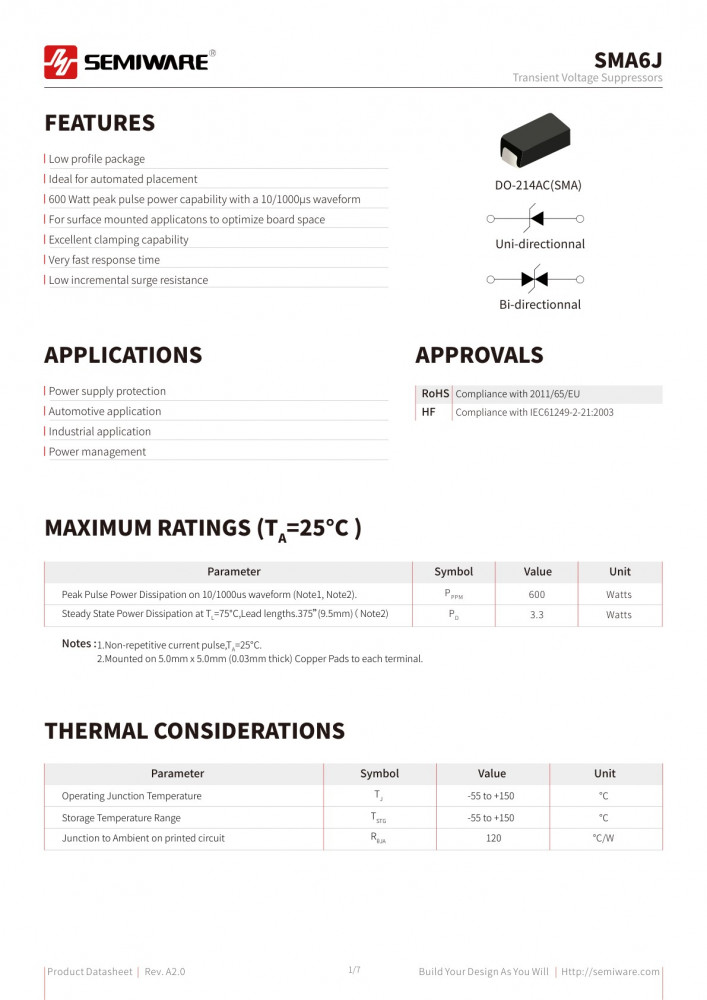 SEMIWARE SMA6J130A datasheet page 1