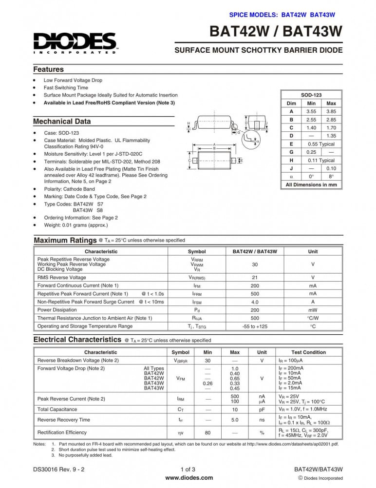 BAT42W-7-F datasheet page 1