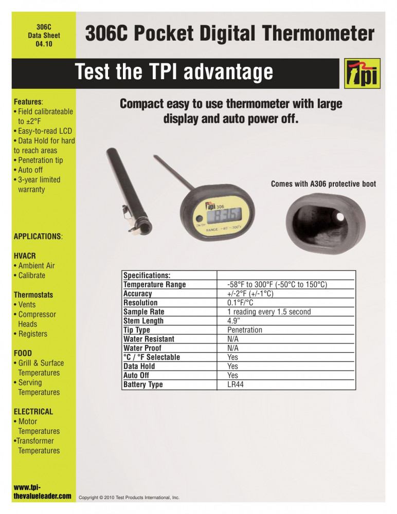 TPI 306C Pocket Digital Thermometer product document preview