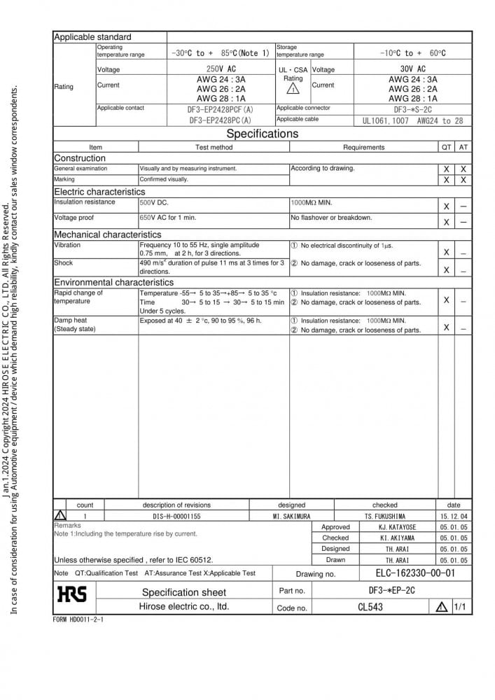 HRS DF3-10EP-2C specification sheet preview