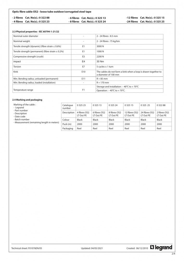 Legrand OS2 outdoor fibre cable document page 2