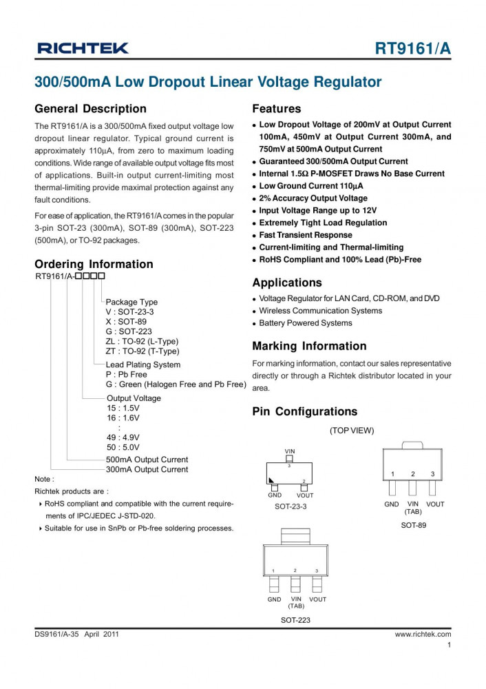 RT9161A datasheet page 1