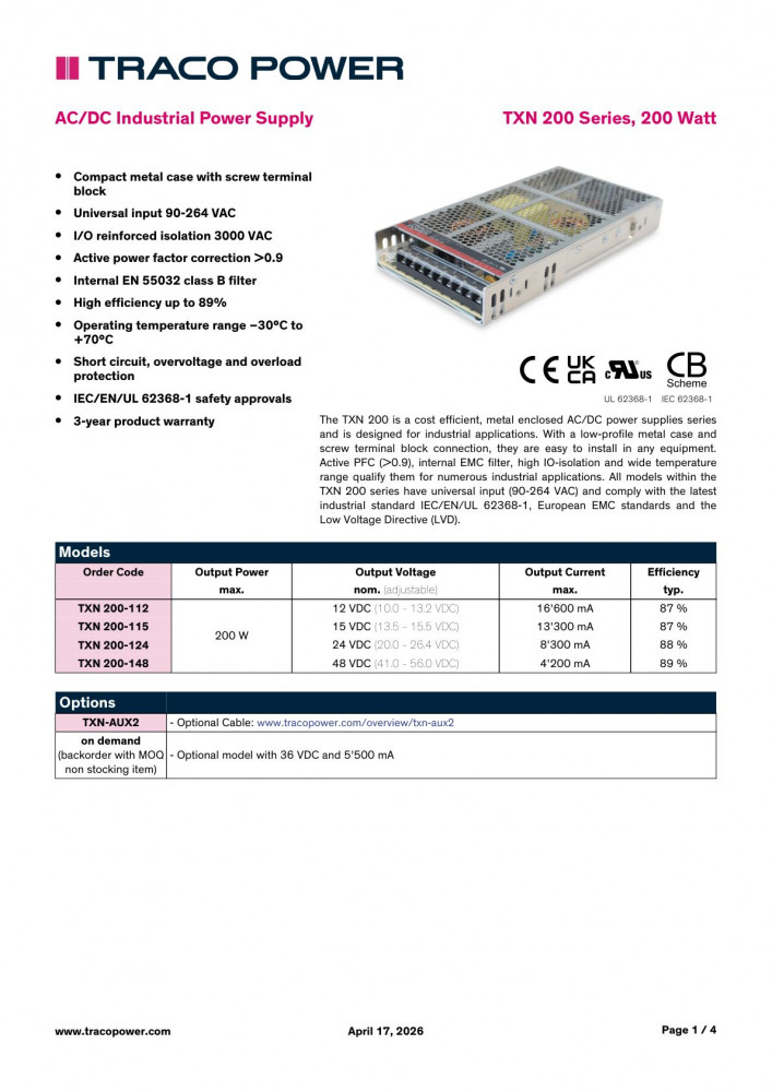 TXN 200 series product documentation page 1
