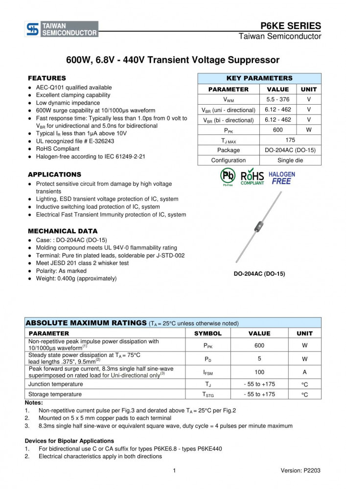 Taiwan Semiconductor P6KE series datasheet page 1