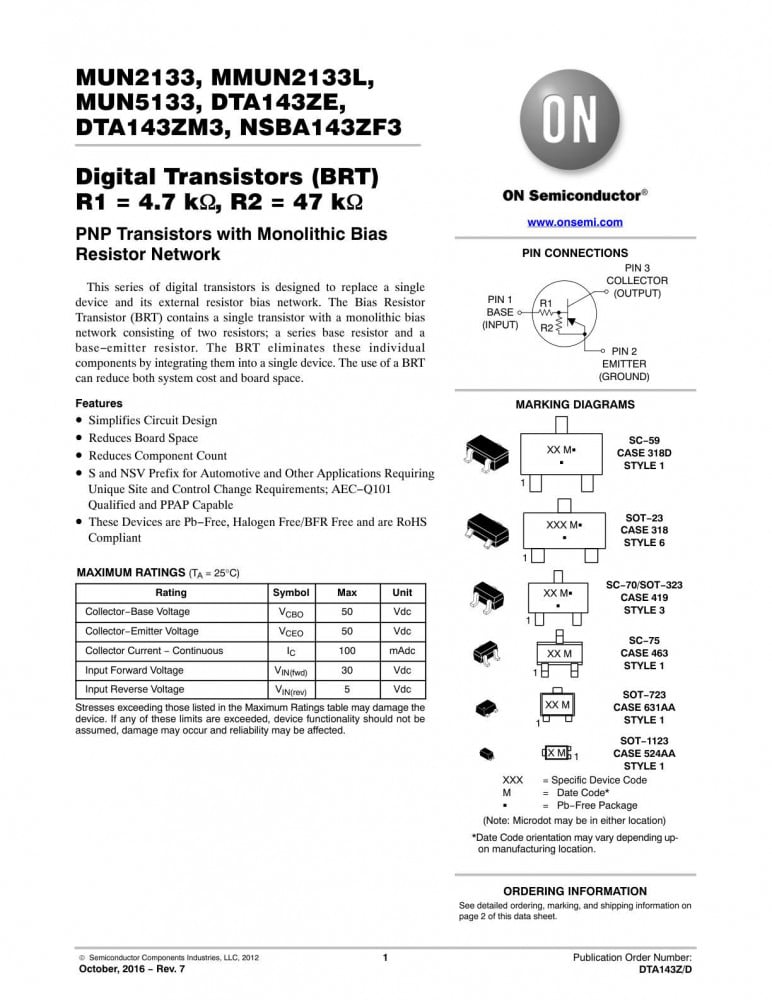 MUN2133T1G datasheet page 1